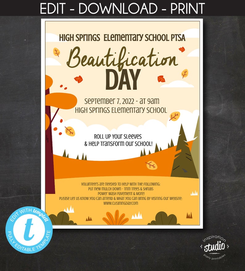 Fall Beautification Day Flyer and Poster | School Clean up Day Flyer ...