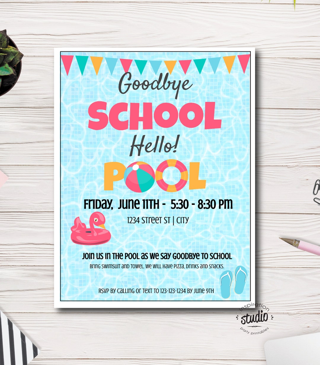 End of the School Year Pool Party Invite Flyer Template Easy to Use ...