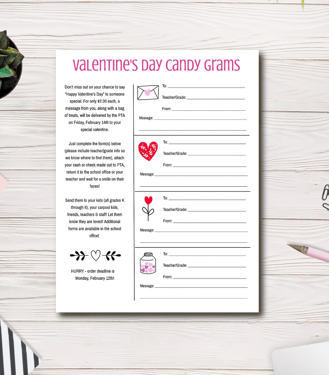 Valentine's Day Candy Gram Flyer Template for Schools, Church, School ...