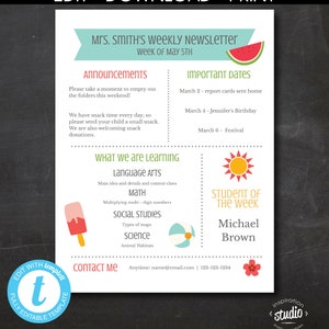 Editable Weekly Teacher Newsletter Template, Summer Theme Newsletter ...