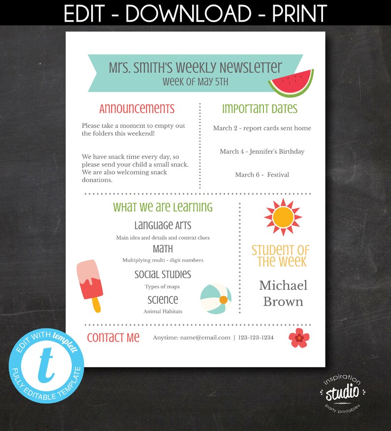Weekly Teacher Newsletter Template | Editable Summer Theme Layout for ...