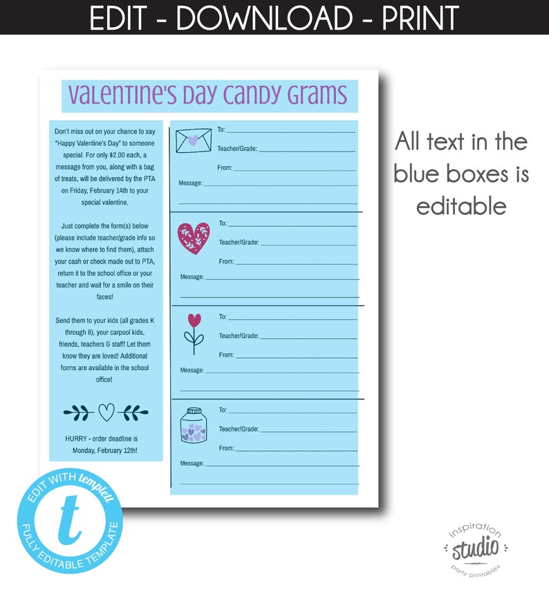 Valentine's Day Candy Gram Flyer Template | for Schools, Church, School ...