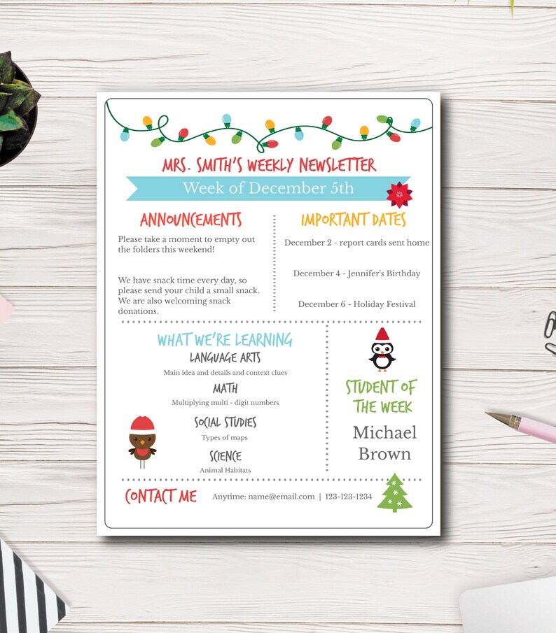 Winter Holiday Weekly Teacher Newsletter Template, Notes to Parents ...
