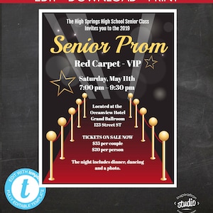 Hollywood Red Carpet Prom Flyer, Poster, Tickets Template School Dance ...
