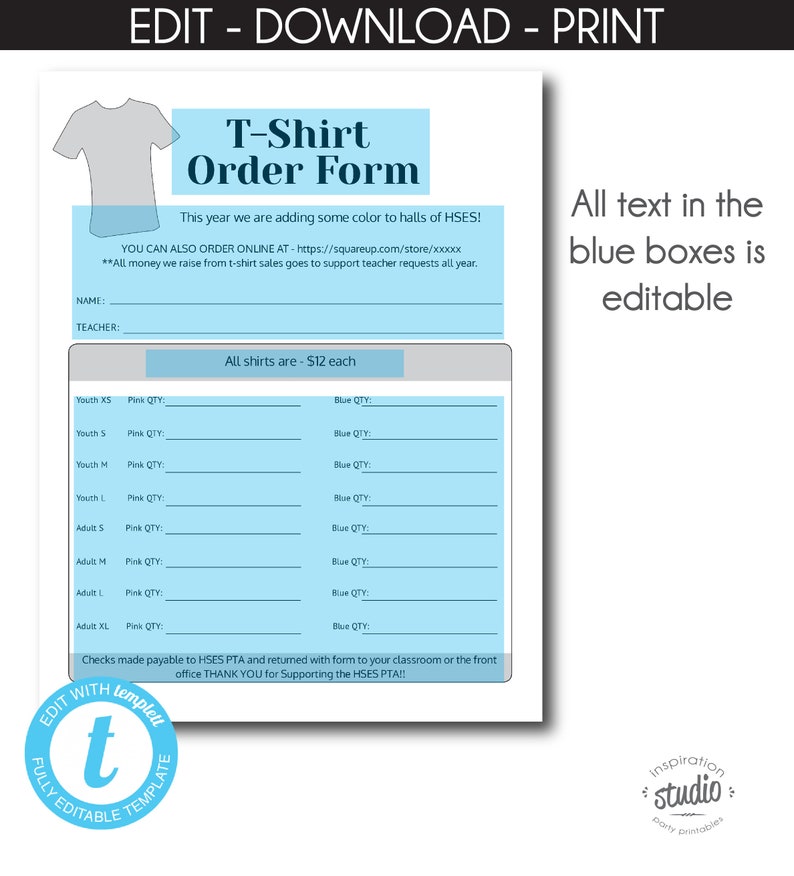 T-shirt Order Form Template, PTA, PTSA, PTO, Church Fundraiser Flyer ...