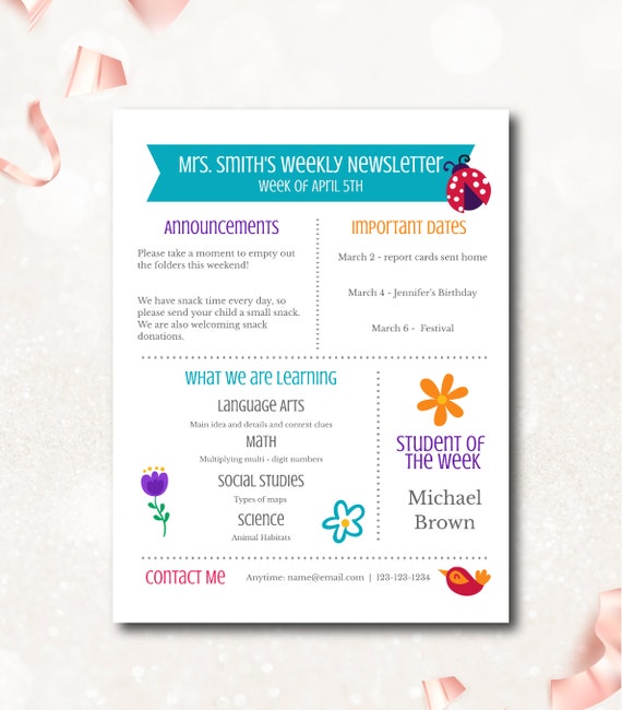 Spring theme Editable Weekly Teacher Newsletter Template Edit yourself ...