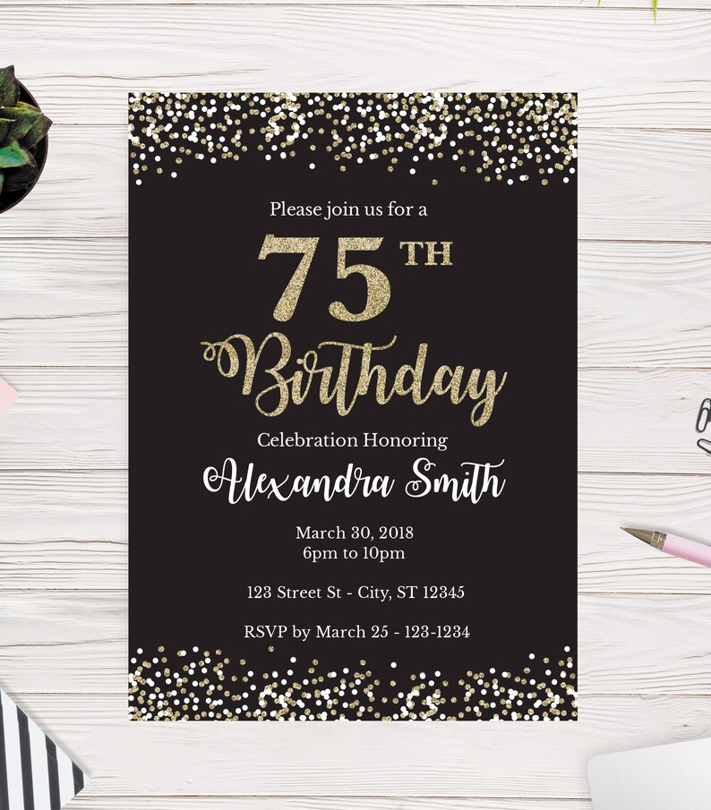 75th Birthday Invitation 75th Birthday Invite Black And Gold Etsy UK