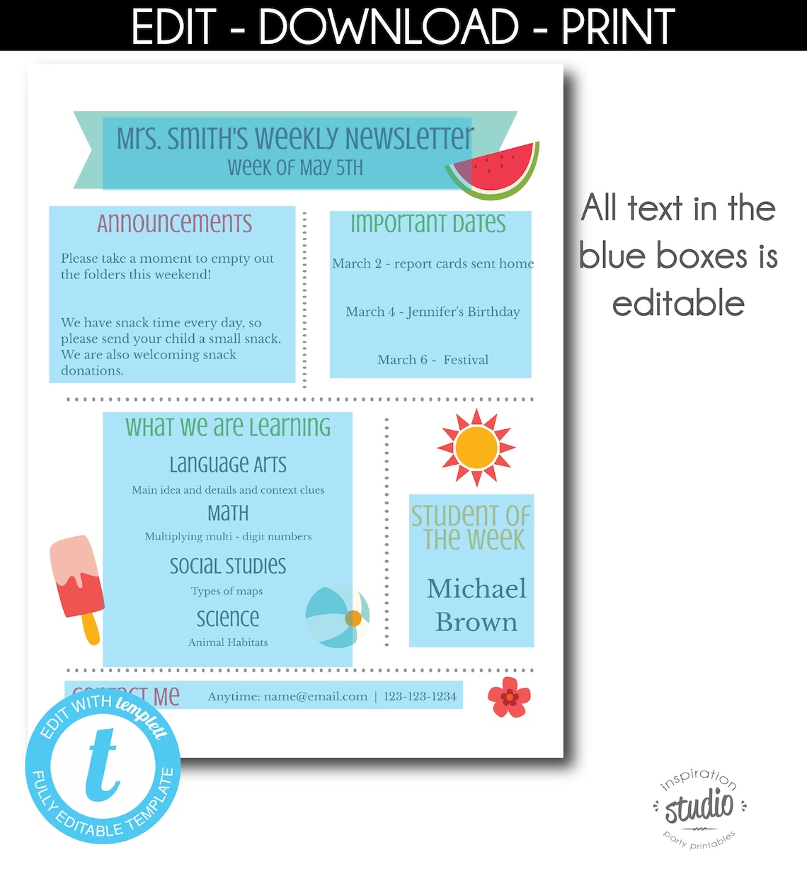 Editable Weekly Teacher Newsletter Template Summer Theme - Etsy