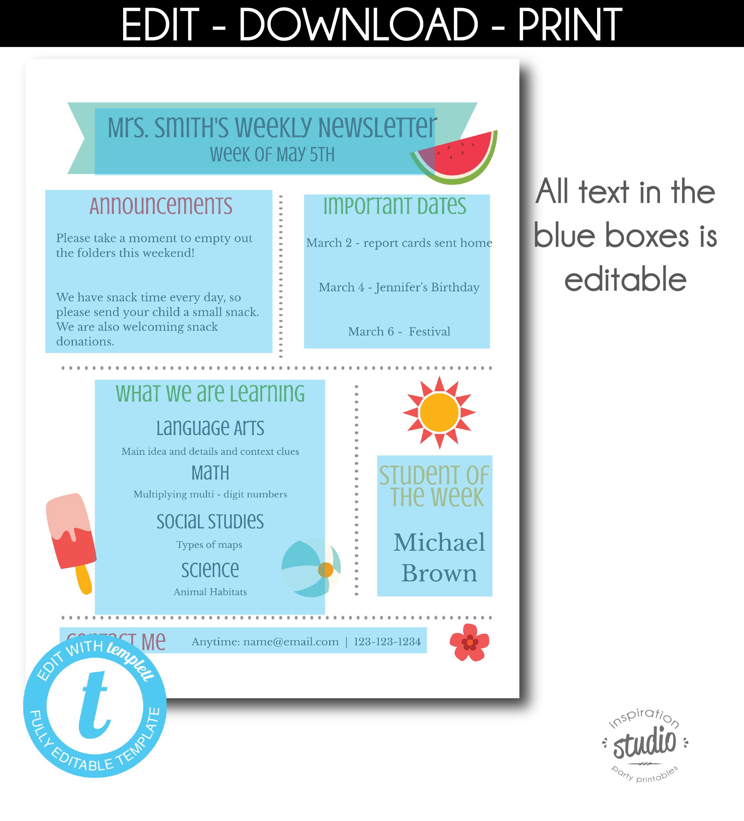Weekly Teacher Newsletter Template | Editable Summer Theme Layout for ...