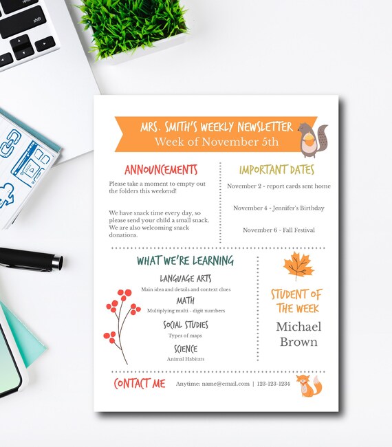 Editable Fall Woodland Weekly Teacher Newsletter Template, Notes to ...