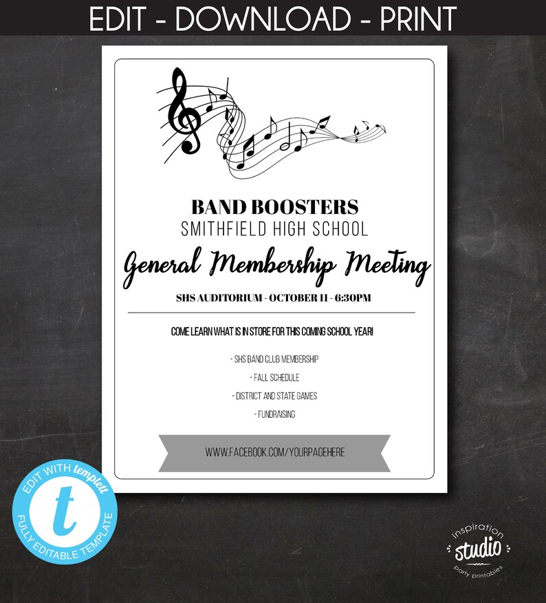 Band Boosters Meeting Announcement Flyer Template | Band Booster Flyer ...