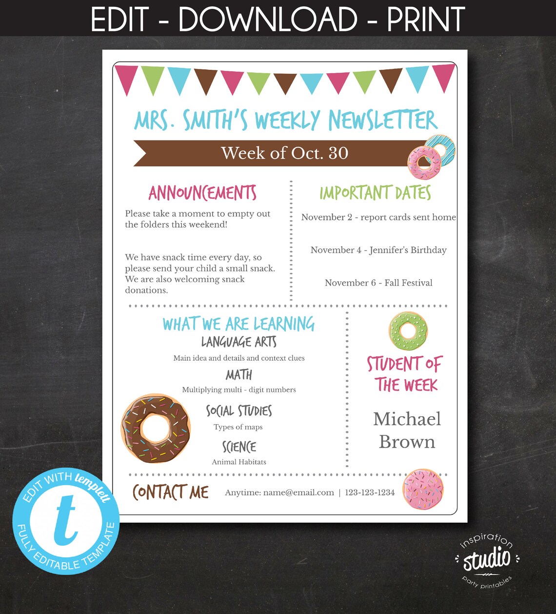 Editable Weekly Donut Teacher Newsletter Template Notes to - Etsy