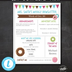 Editable Weekly Donut Teacher Newsletter Template Notes to Parents ...
