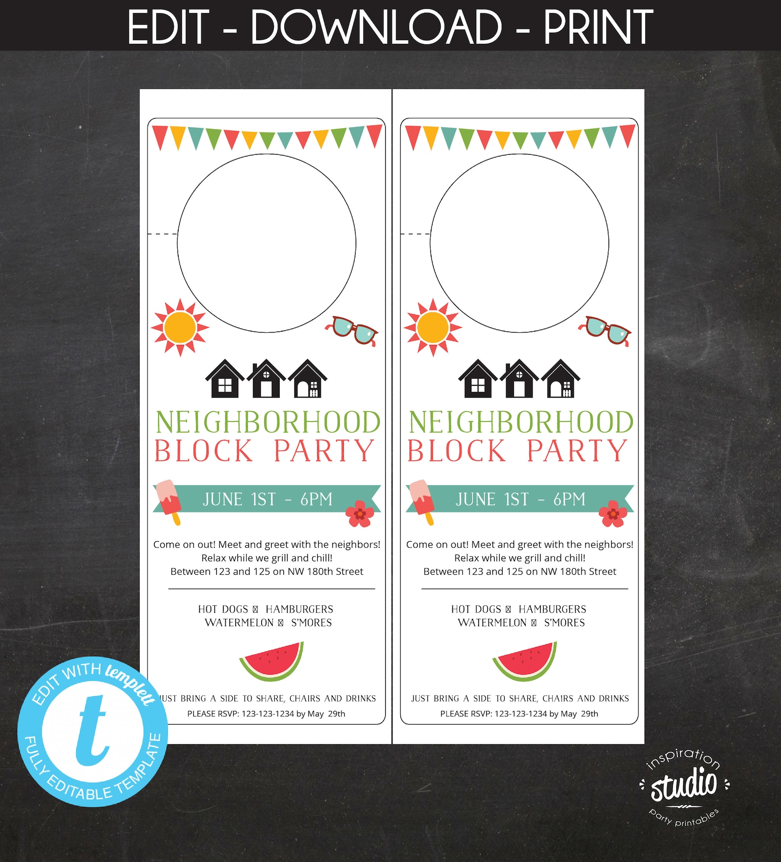 Block Party Door Hanger | Editable Summer Invite Template for ...