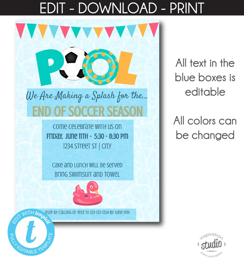 Soccer Season Pool Party Invite Template End of Soccer Season - Etsy