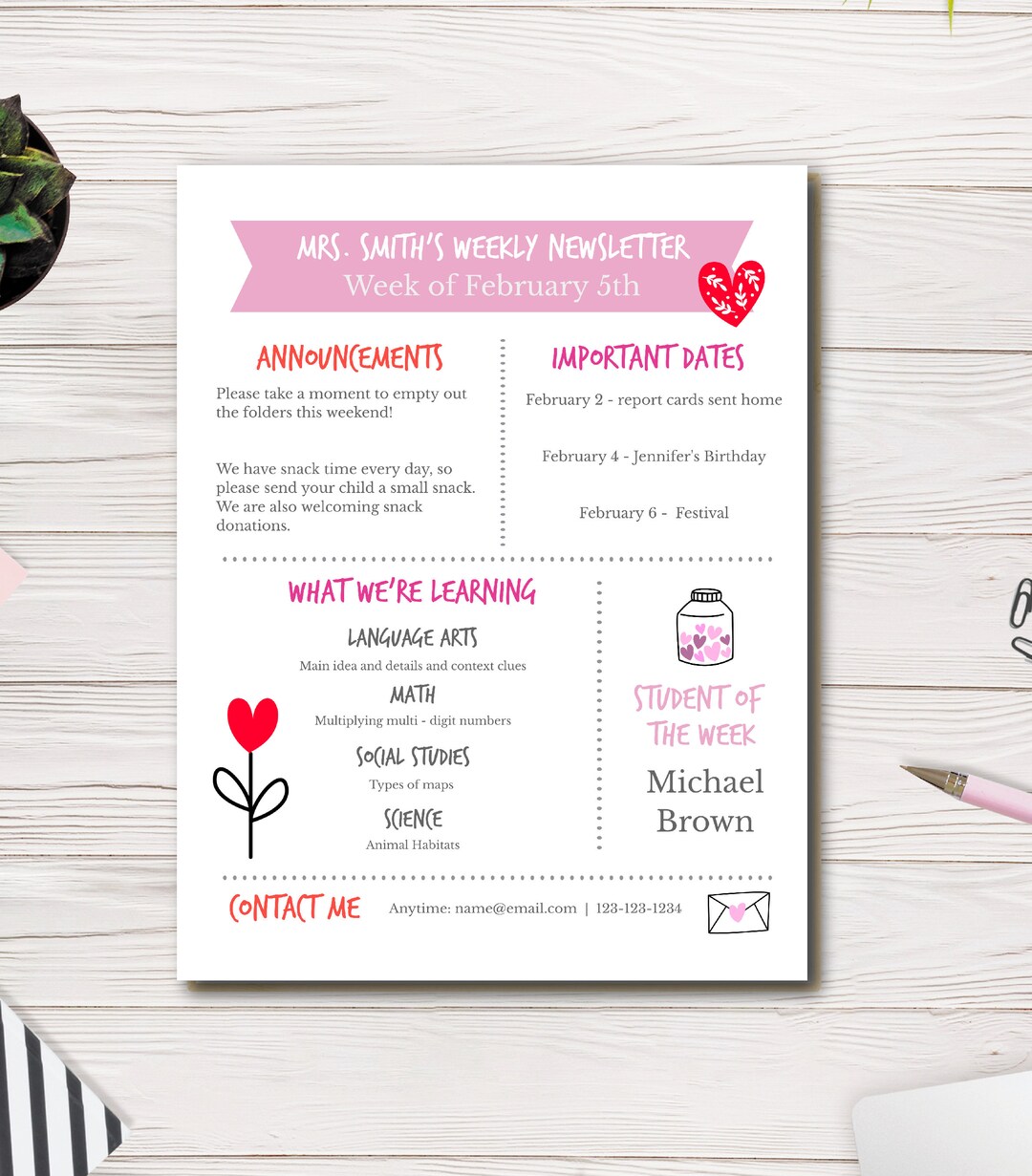 Valentine's Day Editable Weekly Teacher Newsletter Template, Notes to ...
