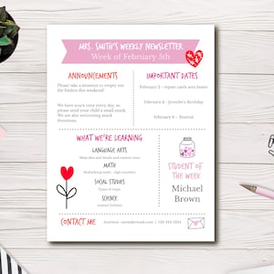 Valentine's Day Editable Weekly Teacher Newsletter Template, Notes to ...