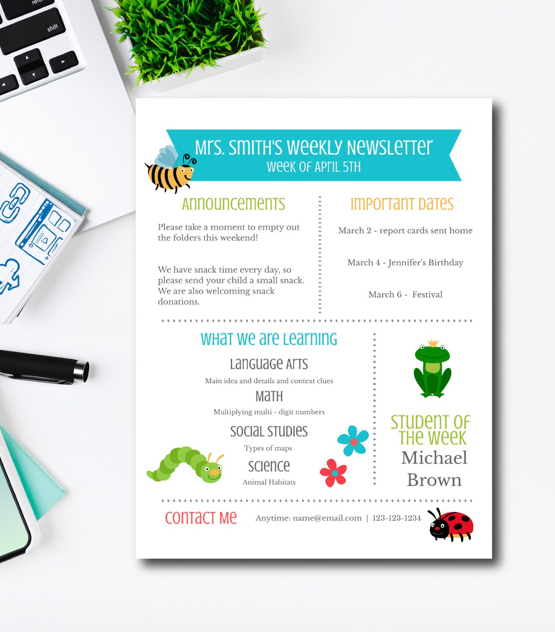 Editable Weekly Teacher Newsletter Template Bugs and - Etsy
