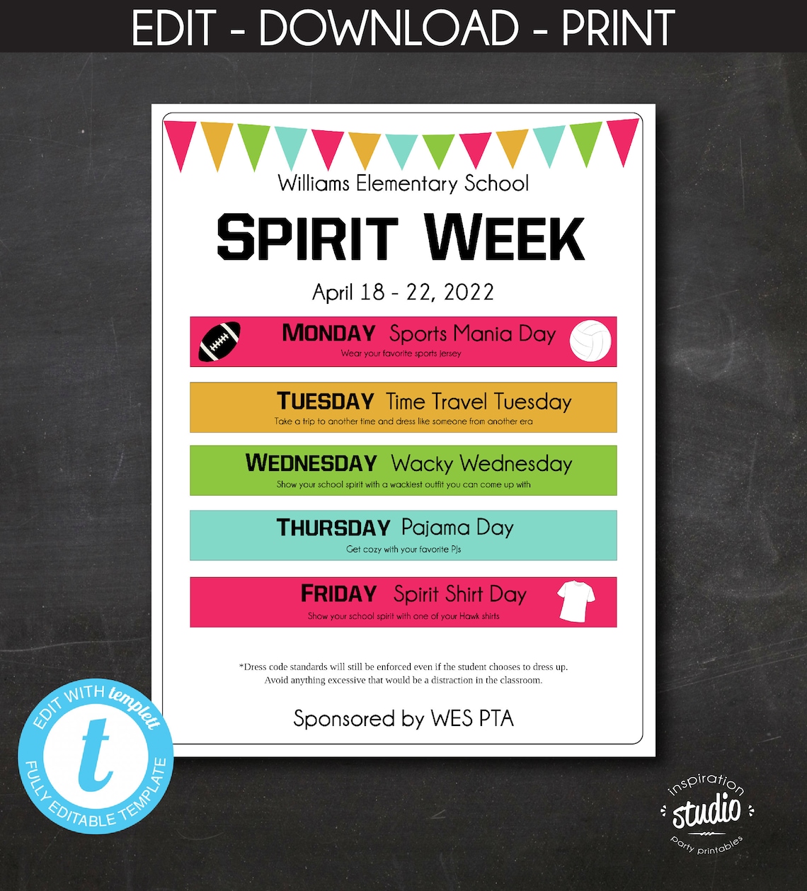 School Spirit Week Flyer Template School Spirit Week - Etsy