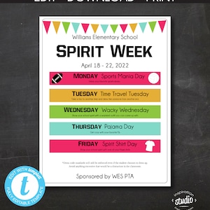 School Spirit Week Flyer Template, School Spirit Week Schedule, PTA ...