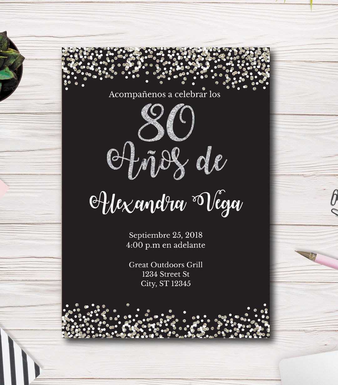 80th Birthday Invitation Template, 80 Años De, Spanish, Black and ...