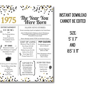 1975 Birthday Sign and Card | the Year You Were Born | 50th Birthday | Back in 1975 | 5" X 7 ...