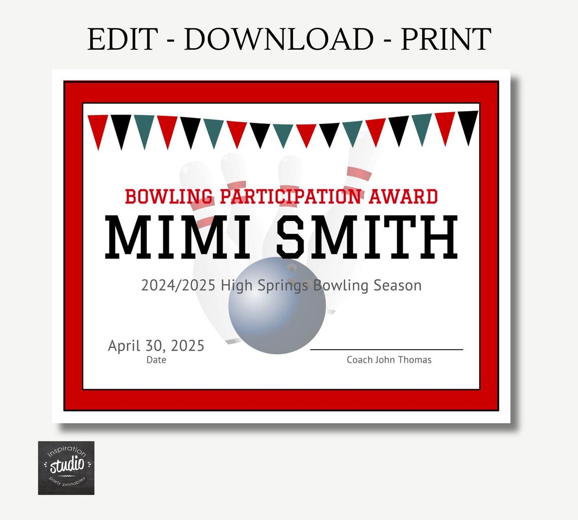 Editable Bowling Award Certificate Template | Personalized End of ...
