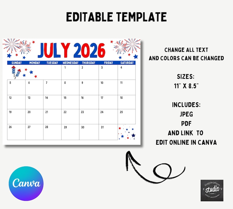 July 2026 Calendar | Editable Canva Template 4th of July Patriotic ...