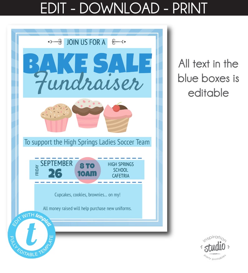 Bake Sale Fundraiser Flyer Template - Easy to Edit for PTA, PTO, School ...