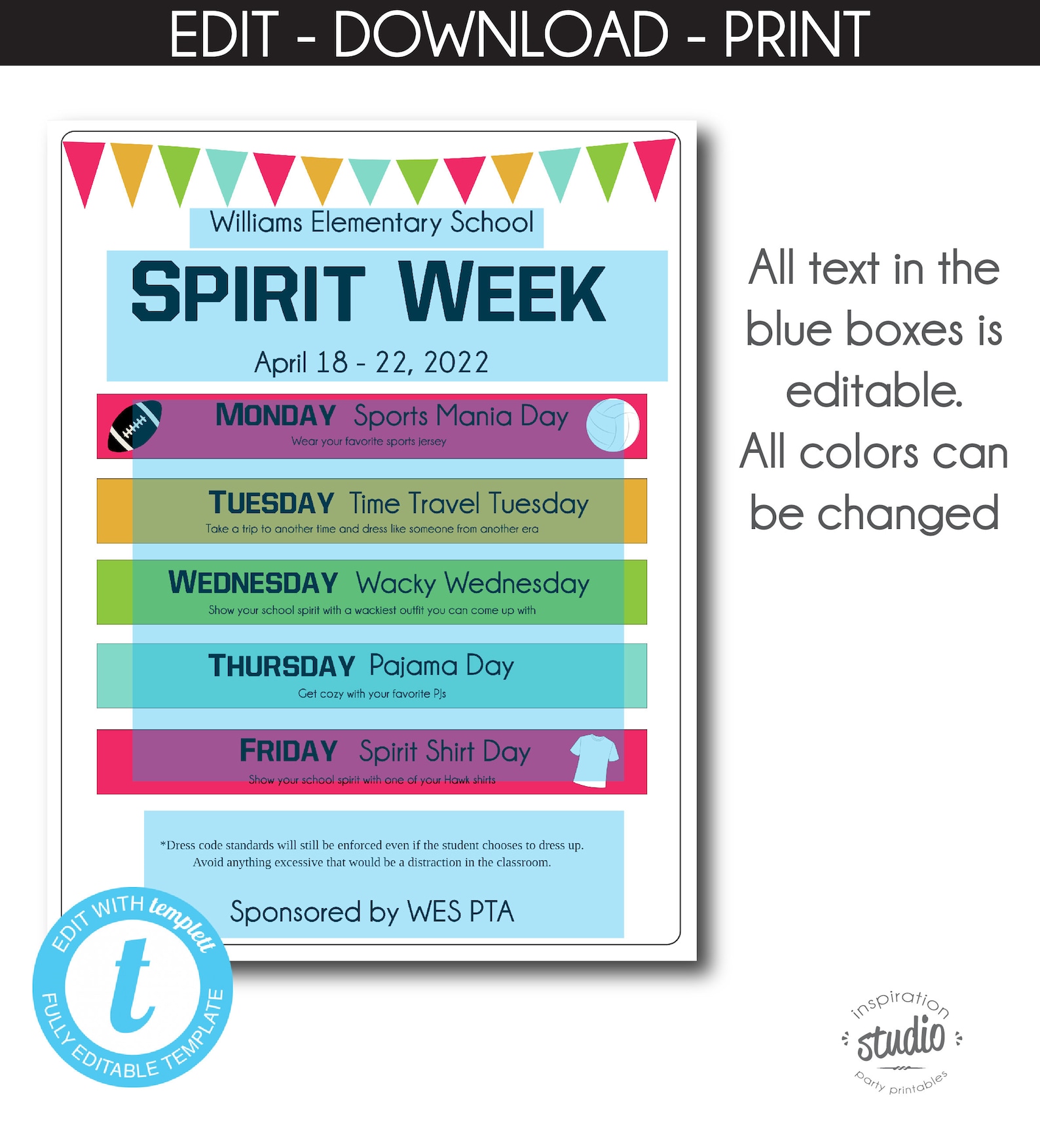 School Spirit Week Flyer Template School Spirit Week - Etsy
