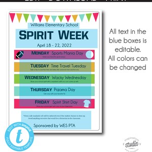 School Spirit Week Flyer Template, School Spirit Week Schedule, PTA ...