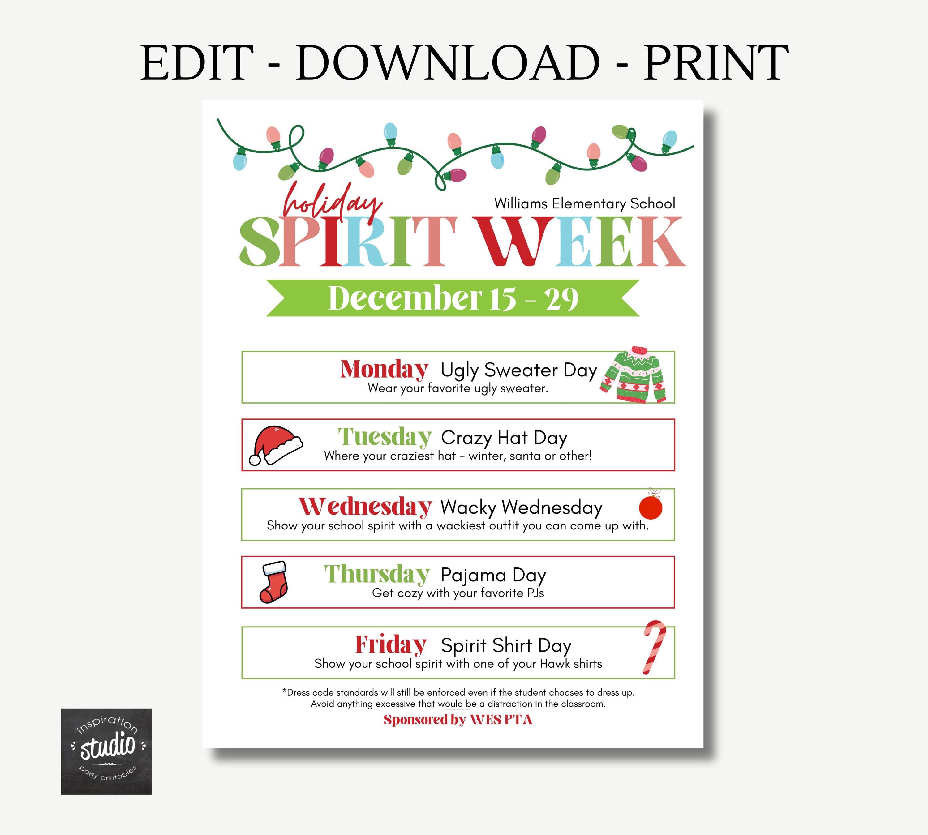 Christmas Spirit Week Flyer Template | School Holiday Theme Week ...