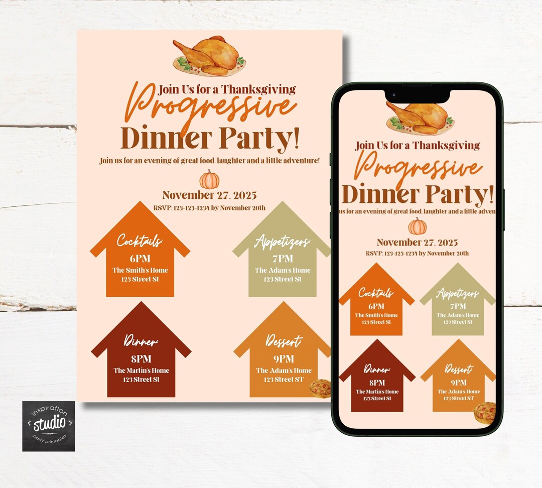 Thanksgiving Progressive Dinner Invitation | Editable Canva Invite ...