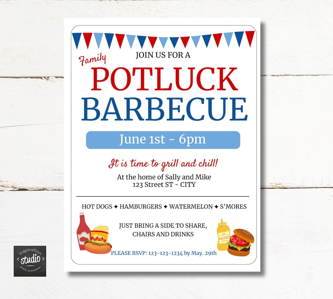 Potluck Barbecue Party Flyer Template | Backyard Party BBQ Invite ...