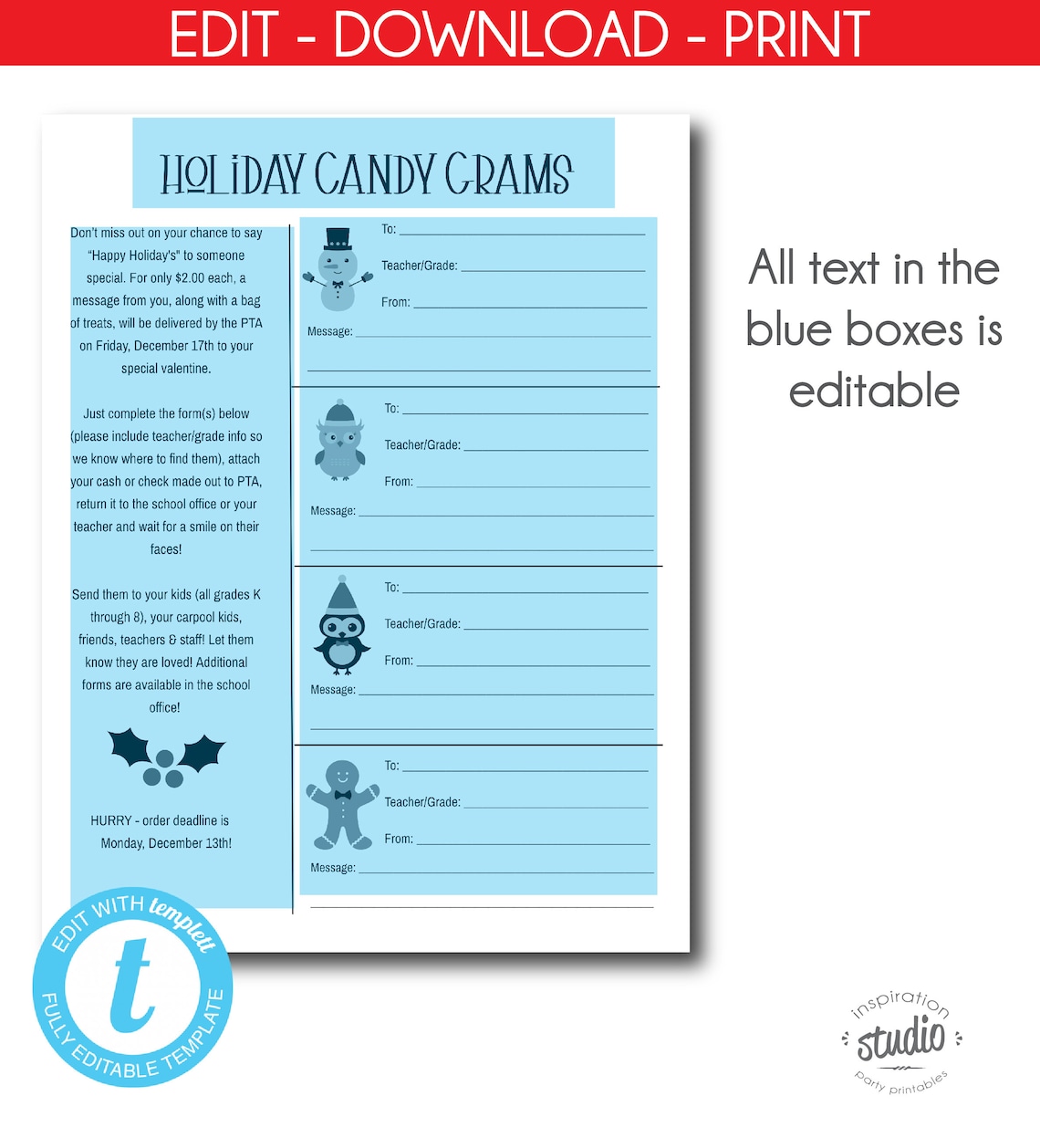 Holiday Candy Gram Flyer Template Christmas Candy Grams - Etsy