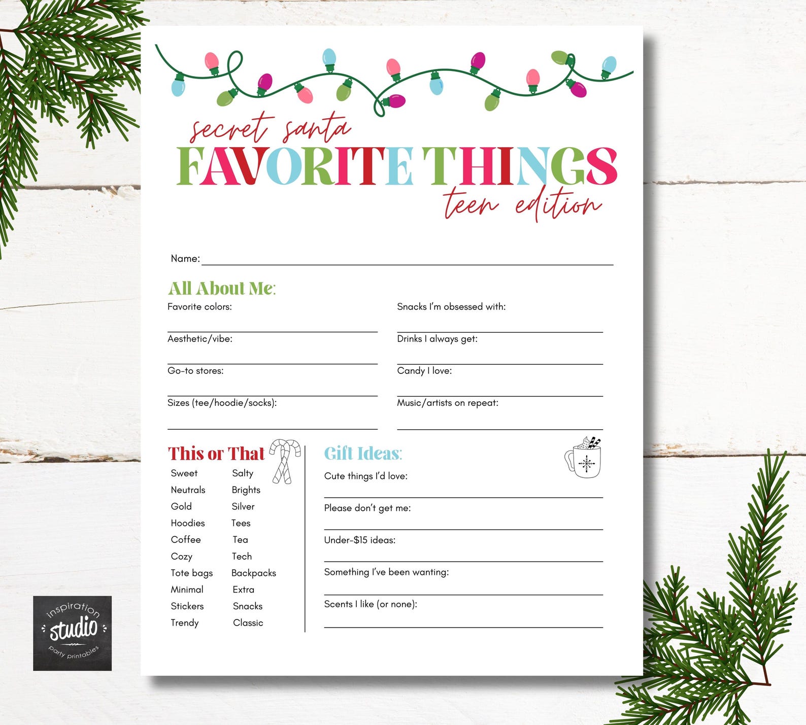 Secret Santa Survey Template for Teens | Gift Exchange Questionnaire ...