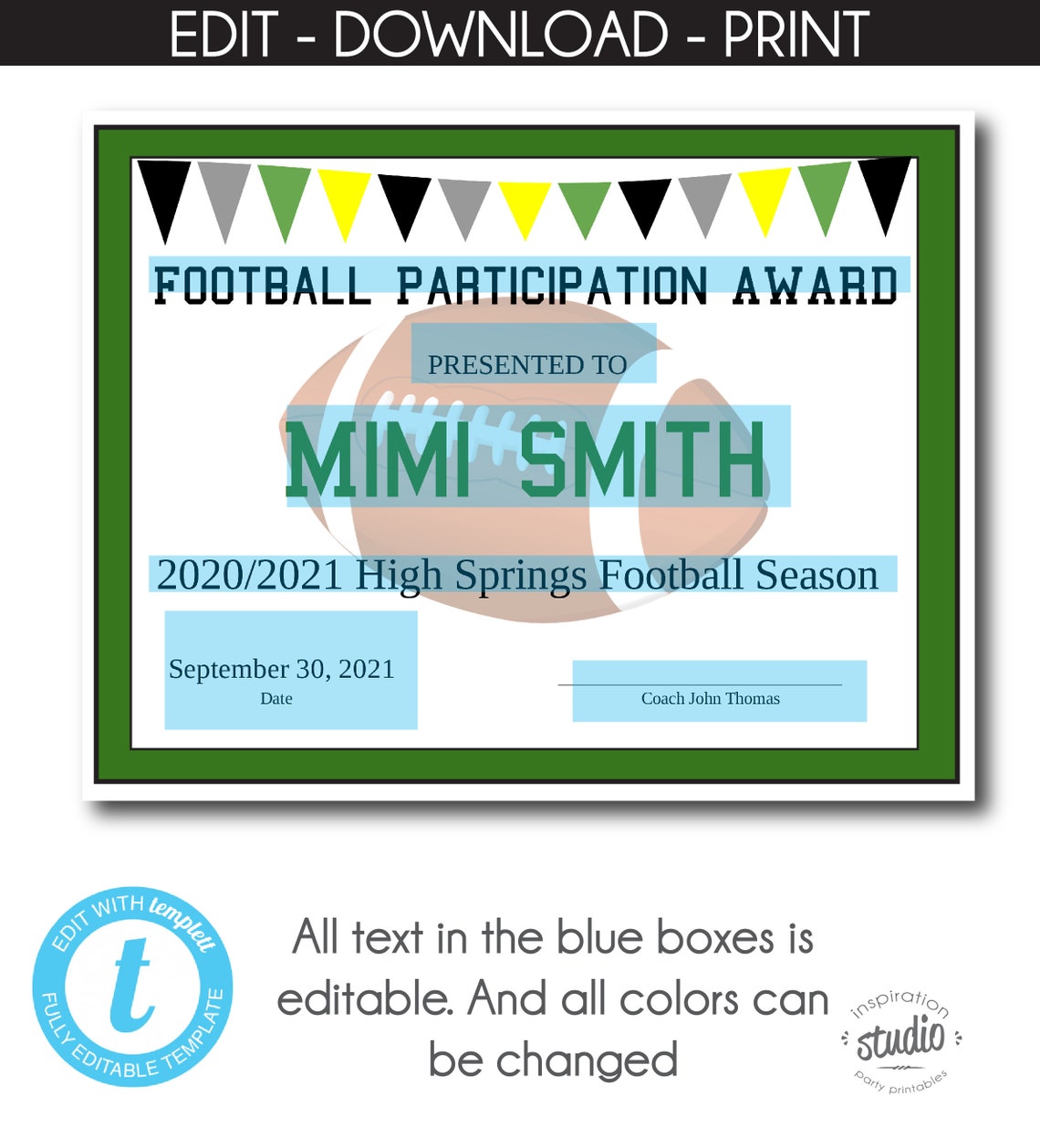 Editable End of Season Football Award Certificates Custom - Etsy