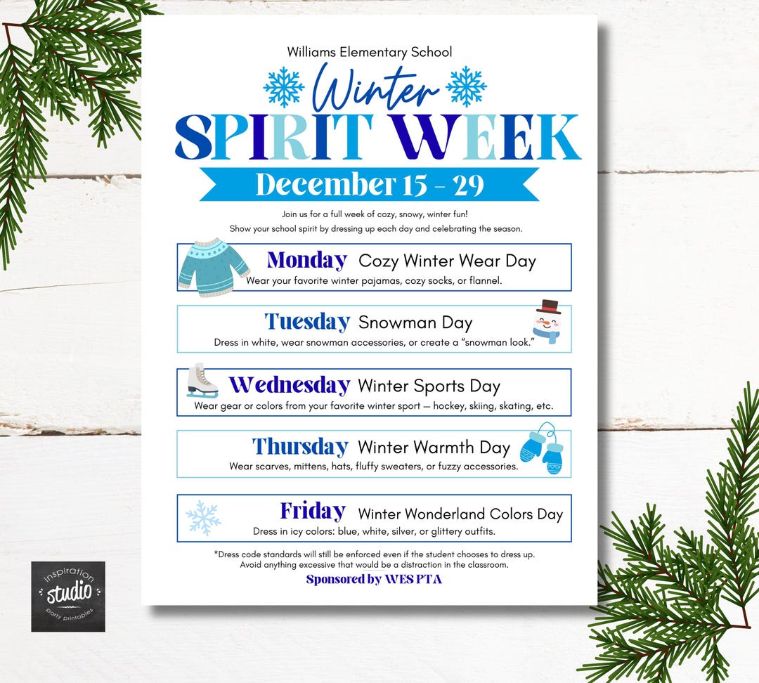 Winter Spirit Week Flyer Template | School Dress-up Days | Editable ...