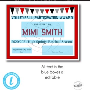 Editable End of Season Volleyball Award Certificates, Custom Printable ...