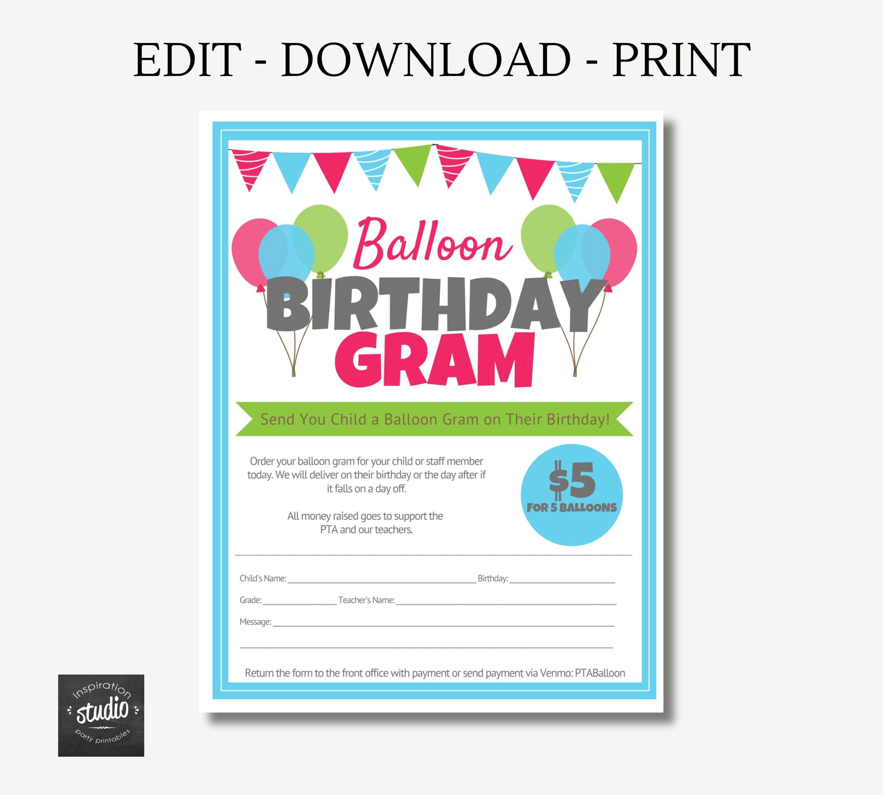 Editable Birthday Balloon Gram Flyer | School, PTA, PTO Fundraiser ...