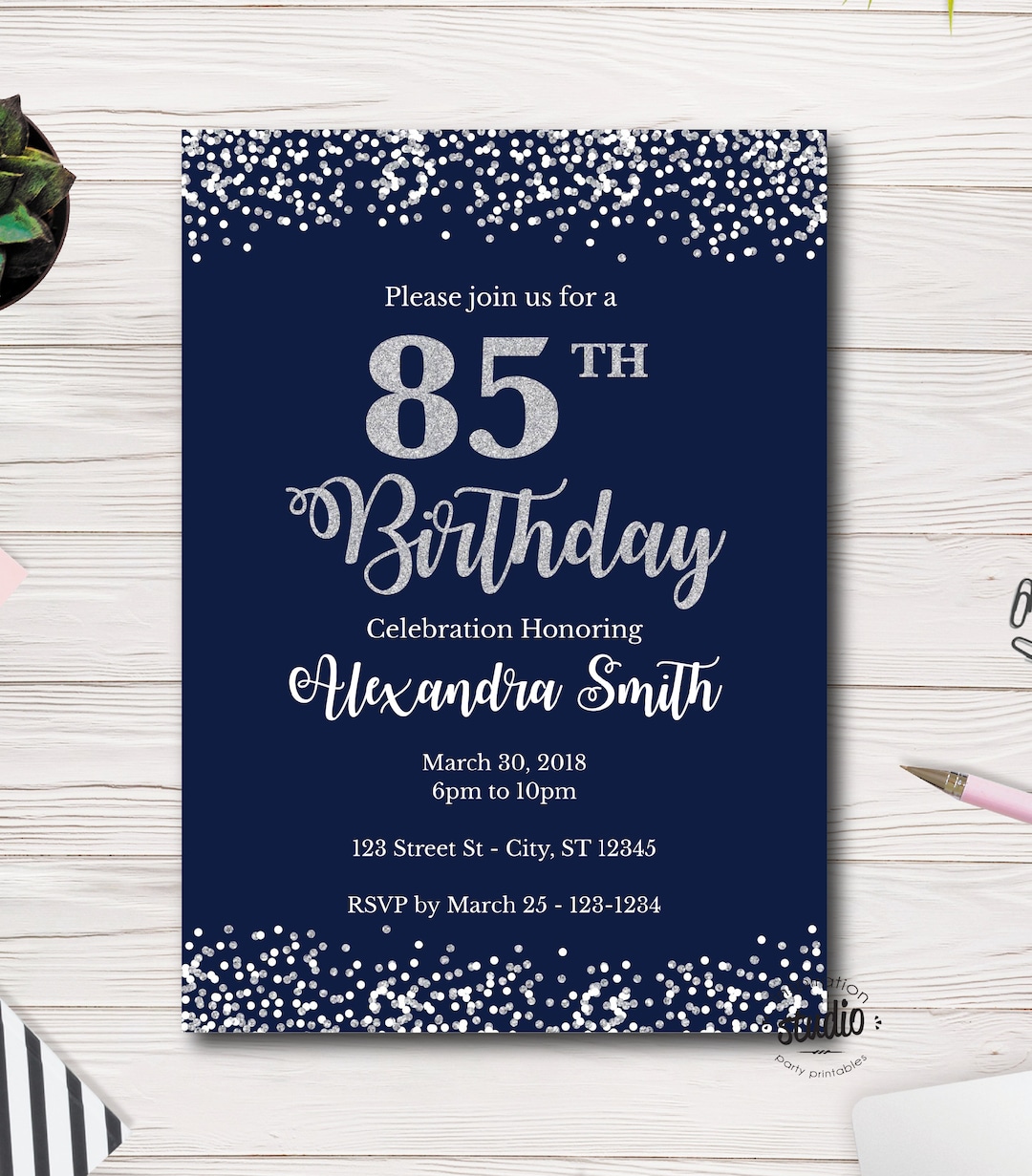 85th Birthday Invitation Template: Blue Glitter (digital) - Etsy