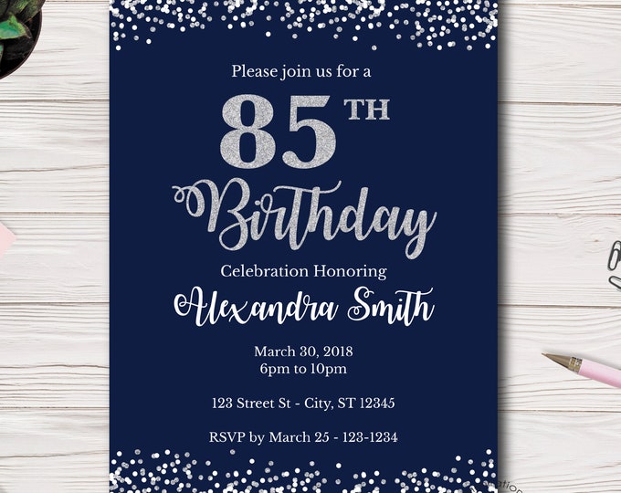 85th Birthday Invitation Template Blue With Silver and White - Etsy