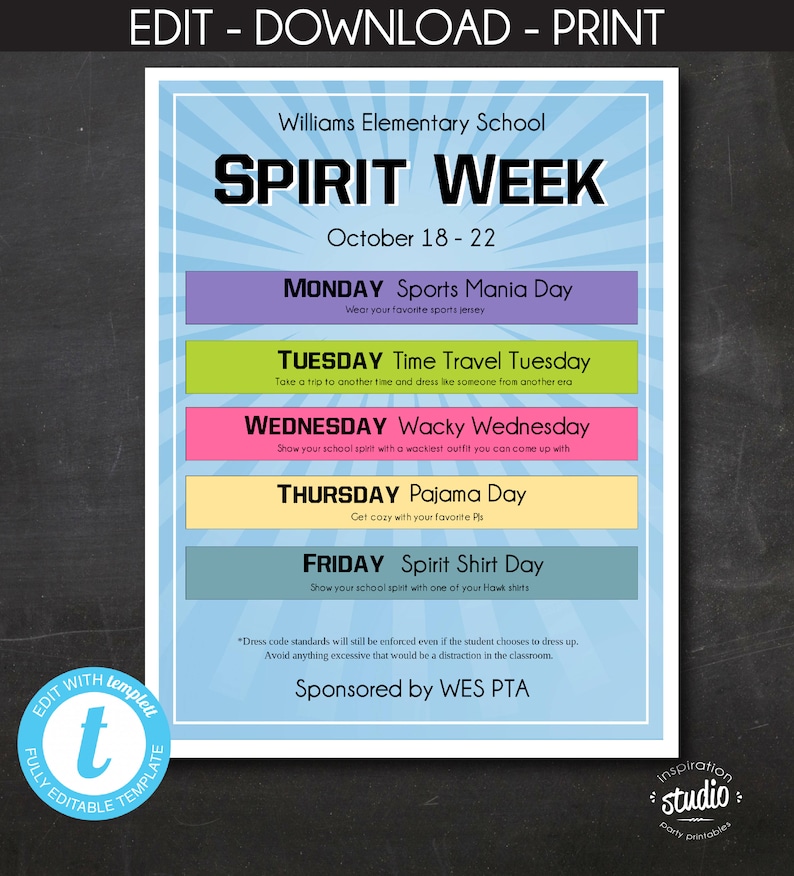 School Spirit Week Flyer Template School Spirit Week | Etsy