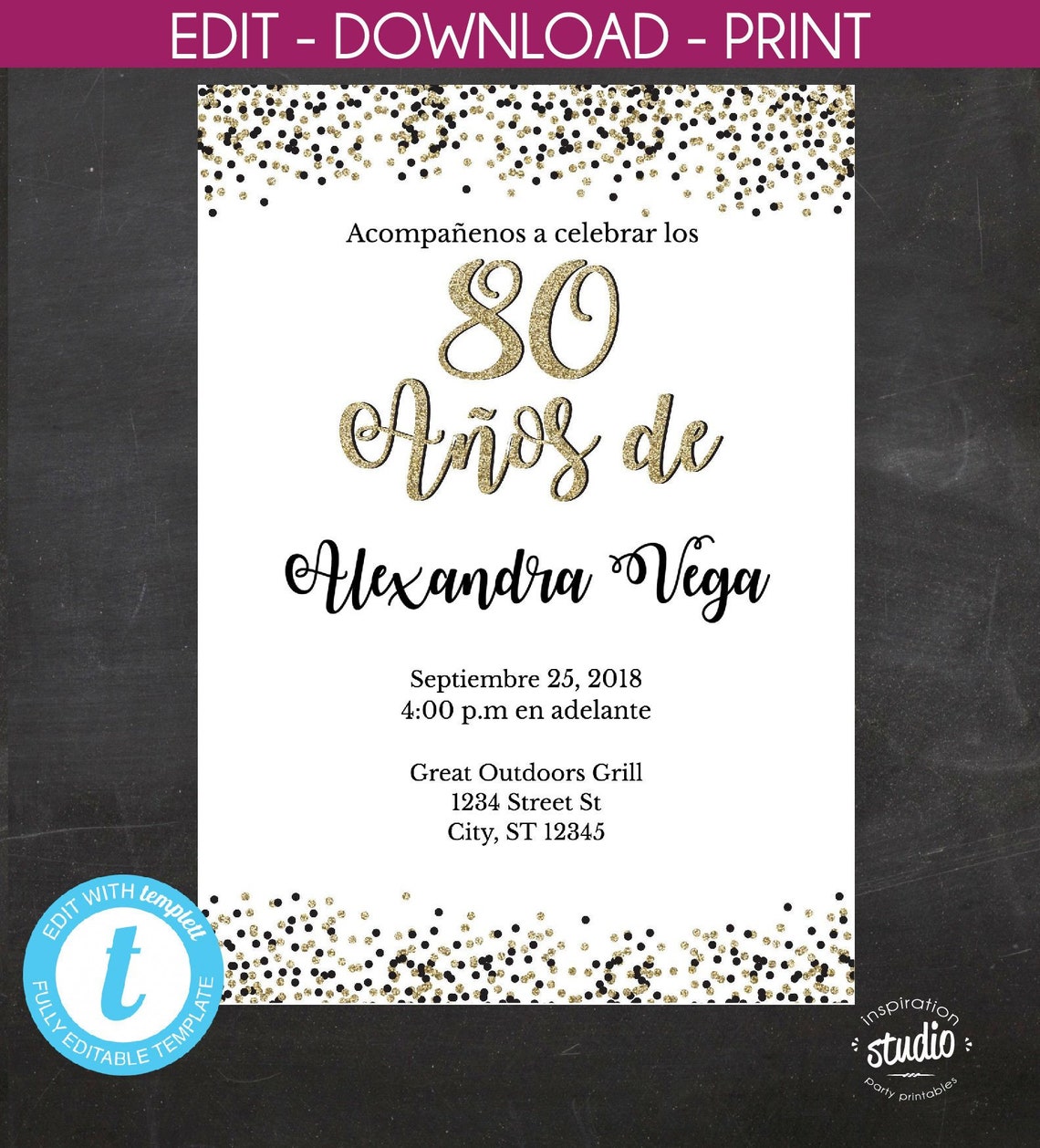 80 Años De, Spanish, 80th Birthday Invitation Template, White With ...