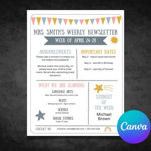 Editable Weekly Teacher Newsletter Template, Notes to Parents Template ...