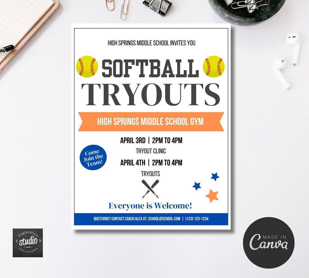 Editable Softball Team Flyer Template | Personalized Tryout ...