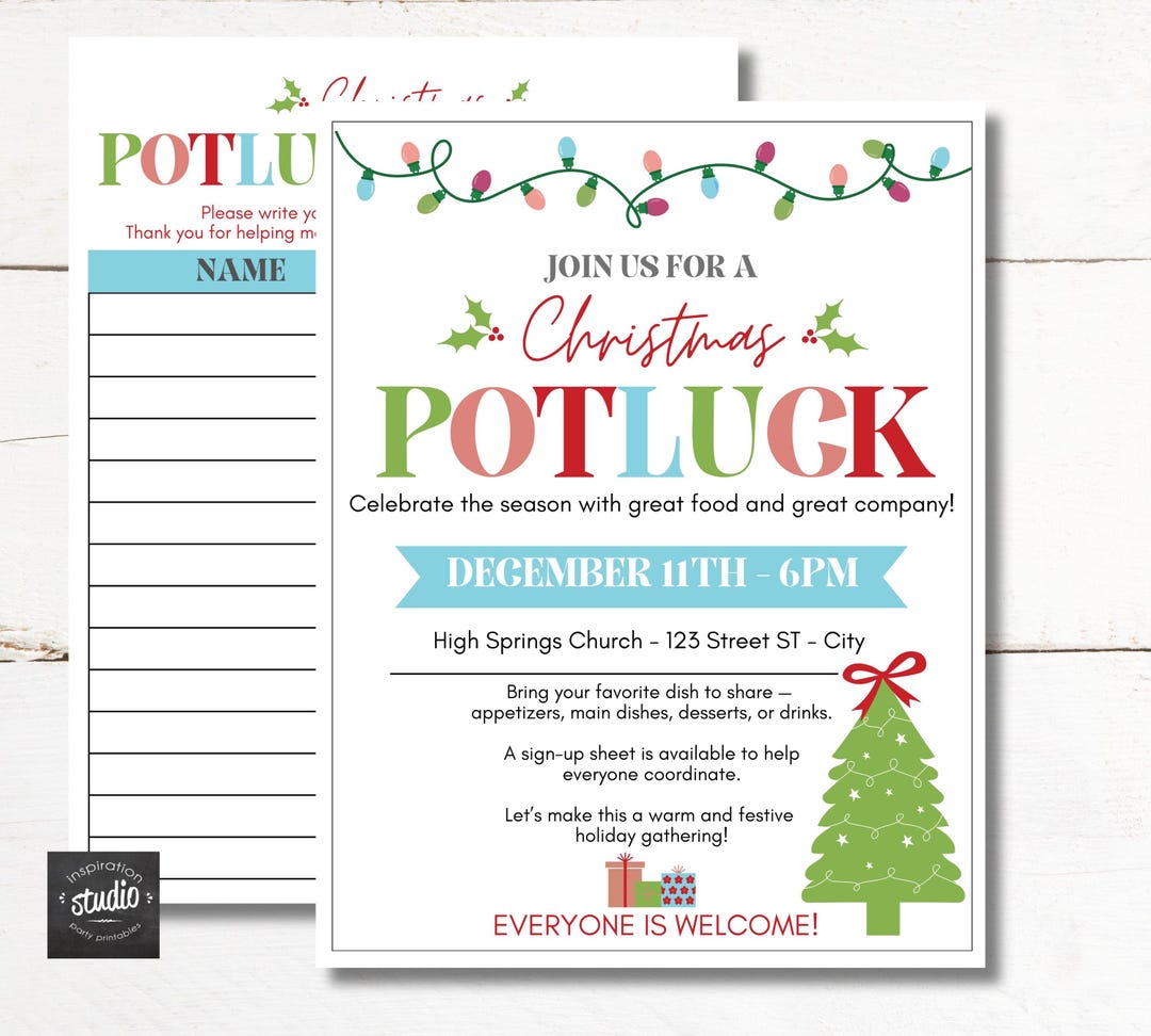 Christmas Potluck Flyer and Sign-up Sheet Template | Holiday Party ...