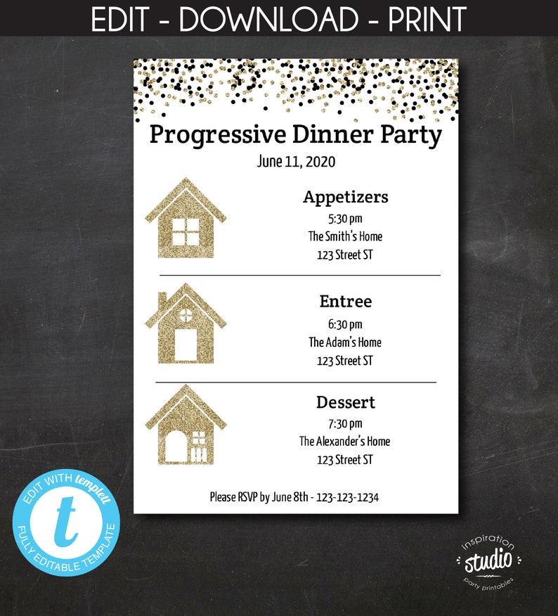 Progressive Dinner Party Invite Template, Friend Potluck, Three ...