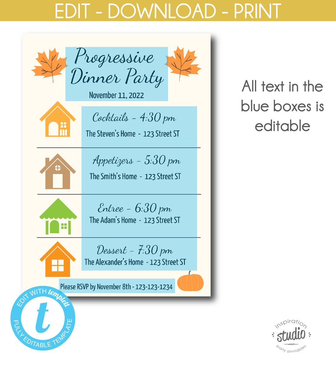 Fall Progressive Dinner Party Invite Template Neighborhood - Etsy