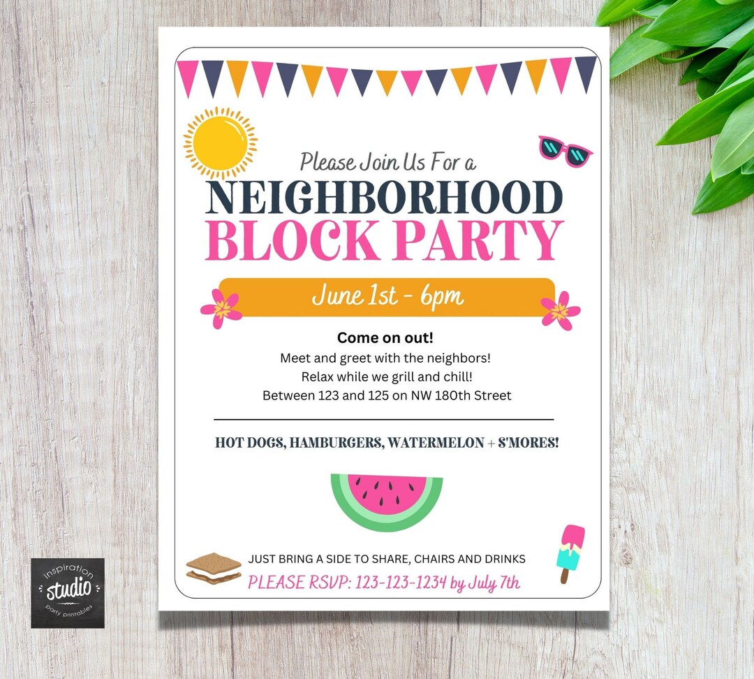 Summer Neighborhood Block Party Flyer Template. Features a - Etsy